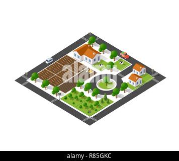 Village top view. Rural landscape background farm buildings and gardens ...