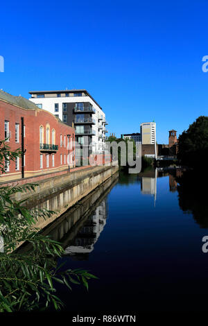 Buildings on the banks of the river Derwent, Derby City Centre ...