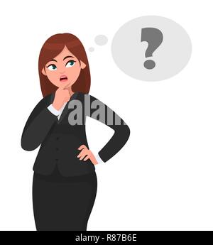 Girl with question mark in think bubble. Young troubled woman. People ...