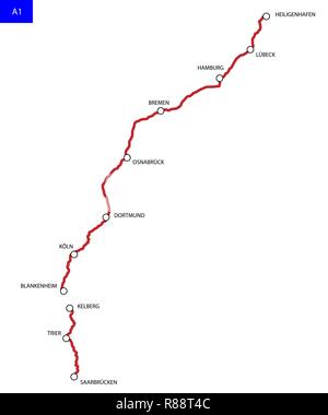 German highway route A1. Bundesautobahn 1 . Road map of Germany Stock ...