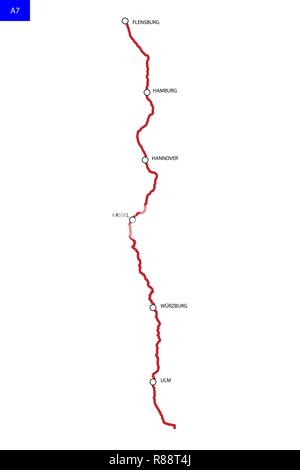 German highway route A7. Bundesautobahn 7. Road map of Germany Stock ...