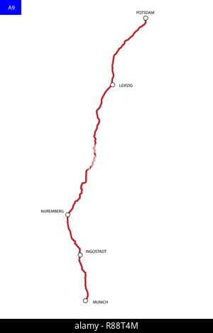 German highway route A9. Bundesautobahn 9. Road map of Germany Stock ...