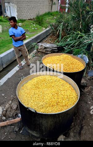 Cooking Cancha -Roasted corn grains in YUNGAY. Department of Ancash ...