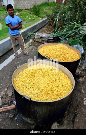 Cooking Cancha -Roasted corn grains in YUNGAY. Department of Ancash ...