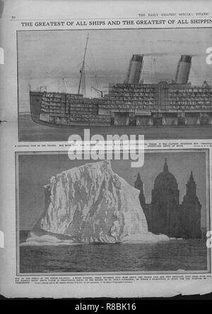 Sectional diagram of the 'Titanic', and icebergs, April 20, 1912 ...