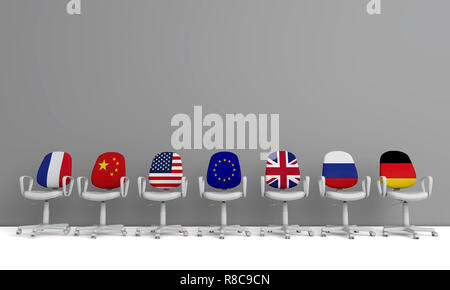 A row of chairs with international flags. Global politics concept. 3D ...