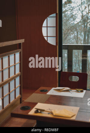 Interior of a traditional Japanese restaurant with tatami flooring and ...