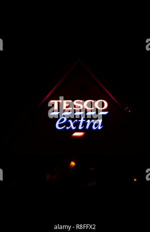Tesco Extra supermarket neon sign over entrance, British multinational ...