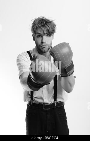Nerd with leather box equipment isolated on white background, copy ...