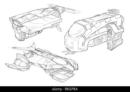 Pencil Concept Art Drawing of Set of Futuristic Spaceships or ...