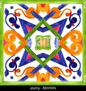 Blue white watercolor azulejo tile border background. Seamless coastal ...