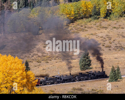 Double-header train steaming eastbound from Chama, New Mexico, Cumbres ...