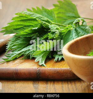 Medicinal plant-fresh stinging nettle on a cutting board . Ready for ...