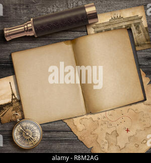 Top view world map on a brown wooden table Stock Photo - Alamy