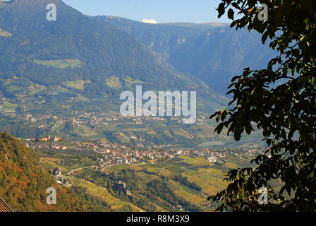 Aerial view of Tirol (German: "Dorf Tirol") nearby Meran, South Tyrol ...