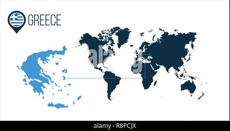 Location of Greece on the world map, marked with Greece flag pin ...