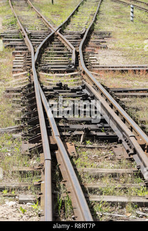 Railroad tracks stretches and green grass and trees. Railway road ...