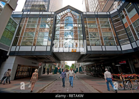 The Plus15 walkway system in downtown Calgary, Alberta, Canada, like a ...