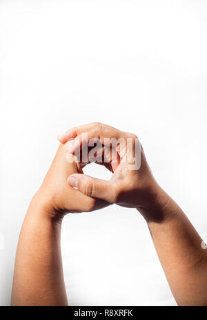 Hand with O shaping. Hand is spelling letter O over white background ...