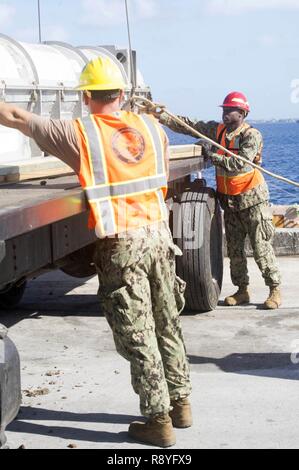 An MK-48 inert training torpedo is guided into the weapon loading skid ...