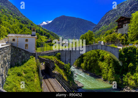 Ancient stone bridge over the moutnain river in Swiss Alps, Stalden ...