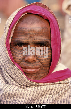 The tattooed face of a Ramnaami ascetic, with his hand painted cloth ...
