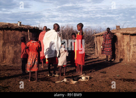 KENYA Masai Mara Reserve Manyatta village with traditional circular ...