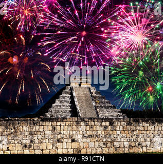 Light show at Kukulkan pyramid in ancient Mayan city Chichen Itza ...