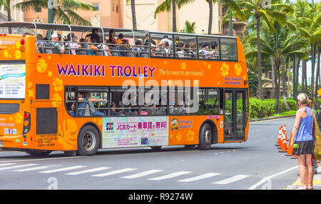 Honolulu, Hawaii - May 25, 2016: Pink Line Waikiki Trolley Bus. The ...