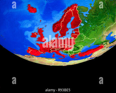OECD European members on 3D Earth model with visible country borders ...