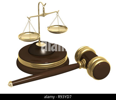 Gold scales and auction hammer. Objects over white Stock Photo - Alamy