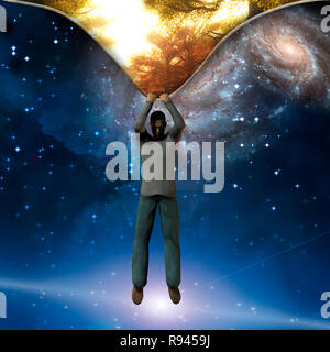 Surreal painting. Man rips out dimension. 3D rendering Stock Photo - Alamy