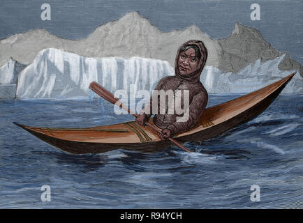 Eskimo peoples. Inuit. Seals hunting with kayaks in the open seas ...