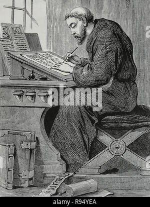 Monk Copyist copying manuscript Stock Photo - Alamy
