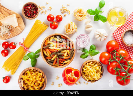 ingredients for italian cousine flat lay, pasta spaghetti penne fusilli ...
