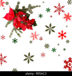 Red poinsettia flower with fir tree and snow on golden glitter ...