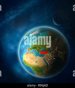 Turkey from space on planet Earth at night with visible country borders ...