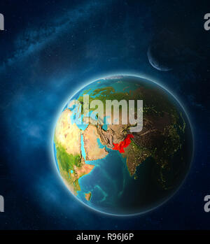 Pakistan from space on planet Earth with digital network representing ...