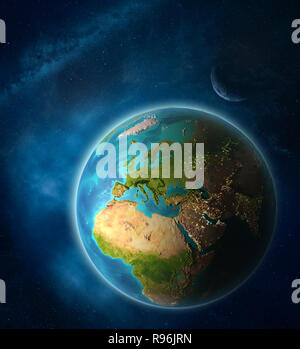 Cyprus from space on planet Earth with digital network representing ...