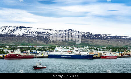 The port of Akureyri with cruise ships on the Eyjafjörður fjord in ...