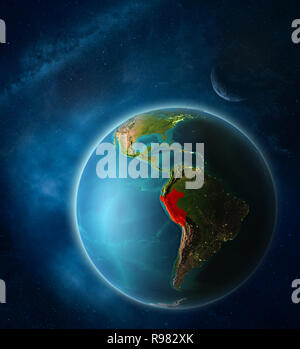 Peru from space on planet Earth with digital network representing ...