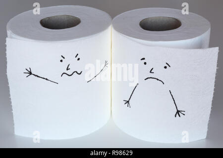 A white toilet paper roll sketched with a shouting character with ...