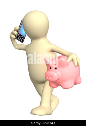 3d puppet with phone and piggy bank. Isolated over white Stock Photo ...