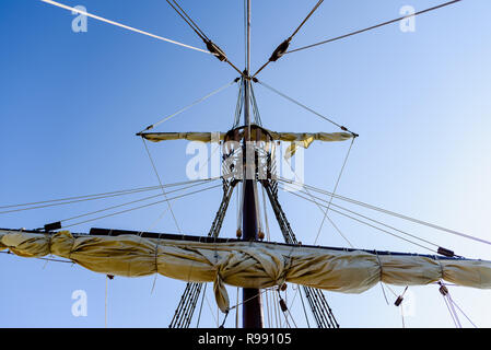 Sails and ropes of the main mast of a caravel ship, Santa María ...
