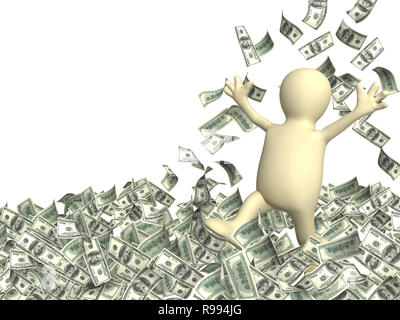 Happy puppet and a money rain. Isolated over white Stock Photo - Alamy