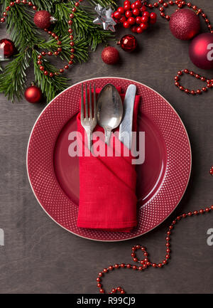 Merry Christmas with plate, fork and spoon on wood table background ...