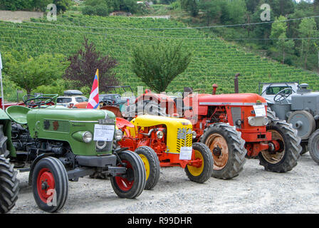 Old tractors at an exhibition in Langhe, Piedmont - Italy Stock Photo ...