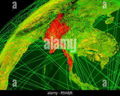 Myanmar on digital map with networks. Concept of international travel ...