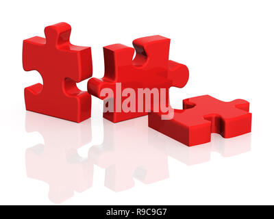 Three parts of a puzzle of red color. Objects on glossy white ...