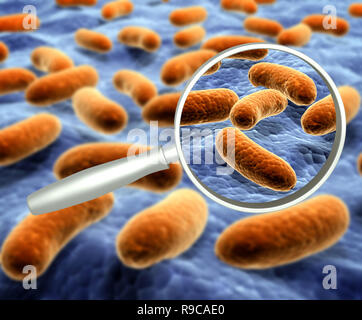 Magnifying glass and colony of pathogen bacteria. Isolated on white ...